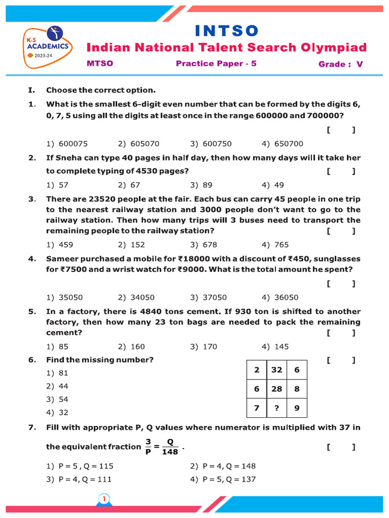 INTSO Question Paper-5 - Grade - 5 | PDF