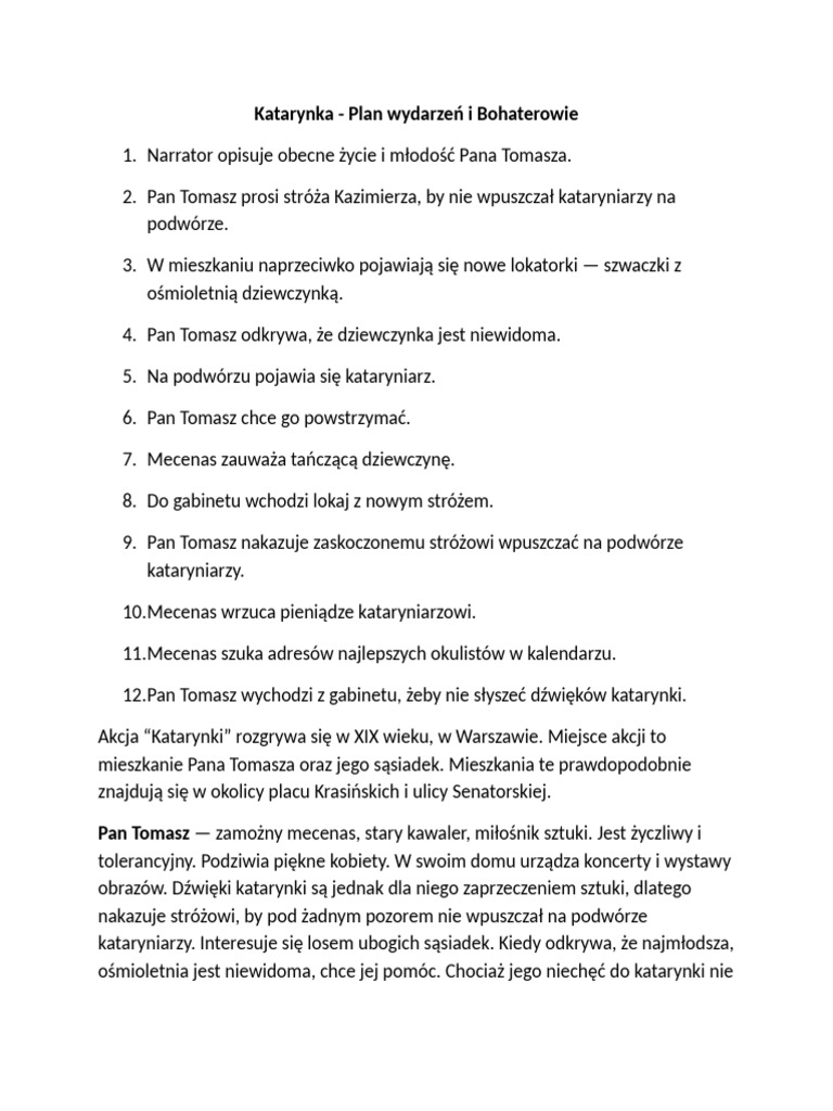 Katarynka - Plan Wydarzeń I Bohaterowie | PDF