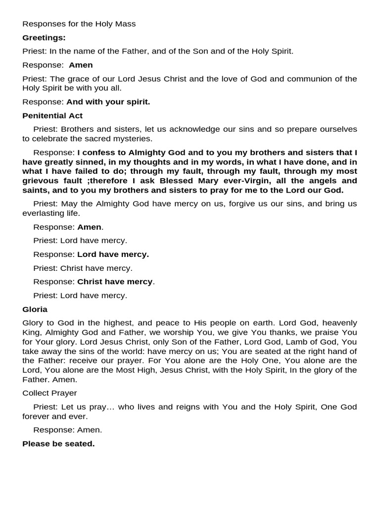 Catholic Mass Responses Guide | PDF | God The Father | Eucharist