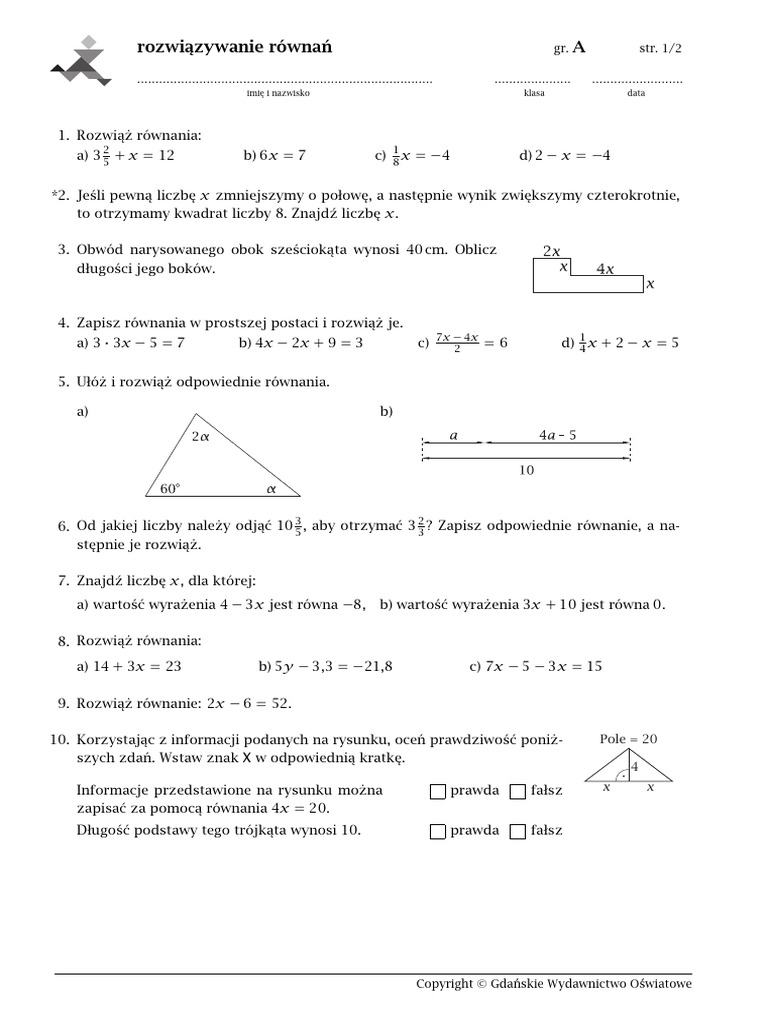 Kl. 6. Wyrazenia Algebraiczne Irownania Rozwiazywanie Rownan | PDF