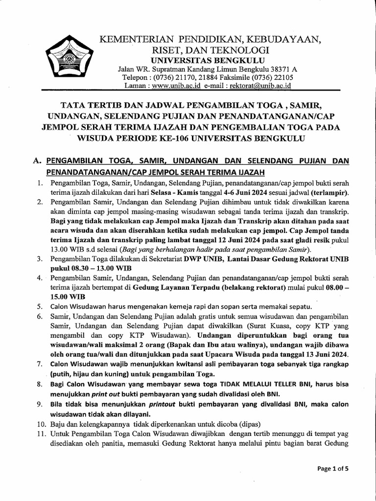 Jadwal Pengambilan Toga, Undangan, Samir, Selendang, Cap Jempol Dan Pengembalian Toga Wisuda 106 ...