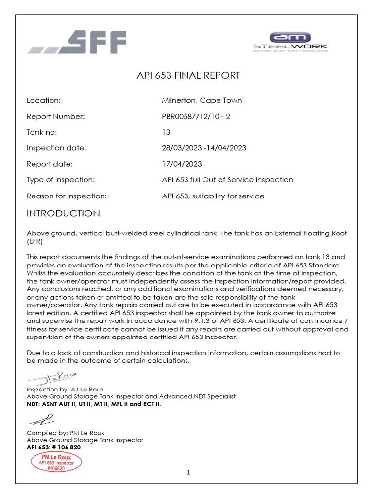 Final API 653 Report Tank 13 | PDF | Nondestructive Testing | Corrosion