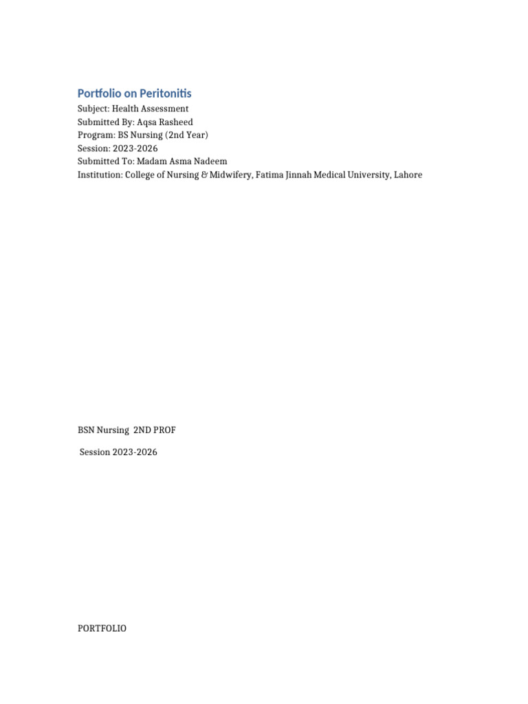 Peritonitis Health Assessment Portfolio | PDF | Peritoneum | Sepsis