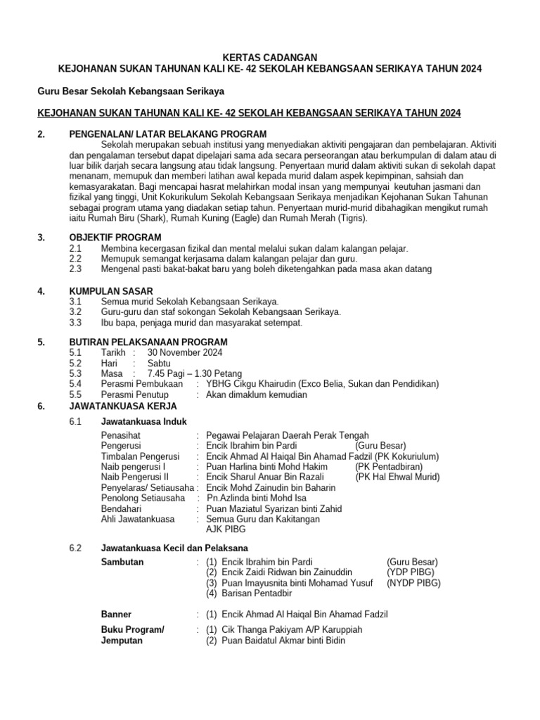 Draf Kejohanan Sukan Tahunan Sksk 2024 (1) | PDF