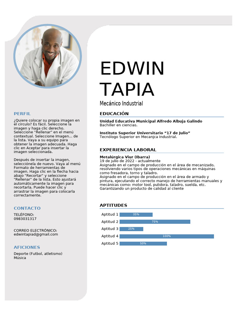 Perfil de Edwin Tapia, Mecánico Industrial | PDF