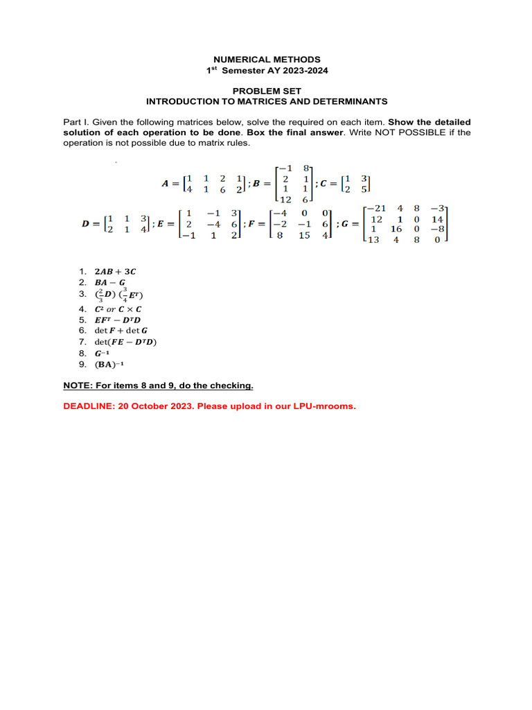 Problem Set- Introduction to Matrices | PDF