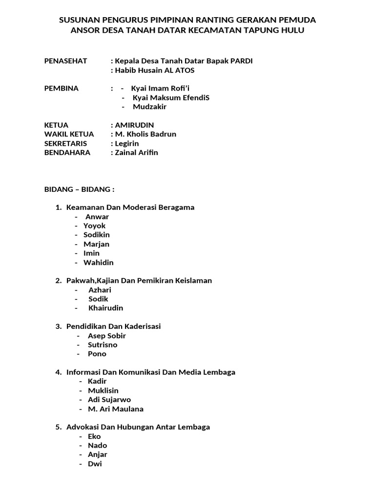 Susunan Pengurus Pimpinan Ranting Gerakan Pemuda Ansor Desa Tanah Datar Kecamatan Tapung Hulu | PDF