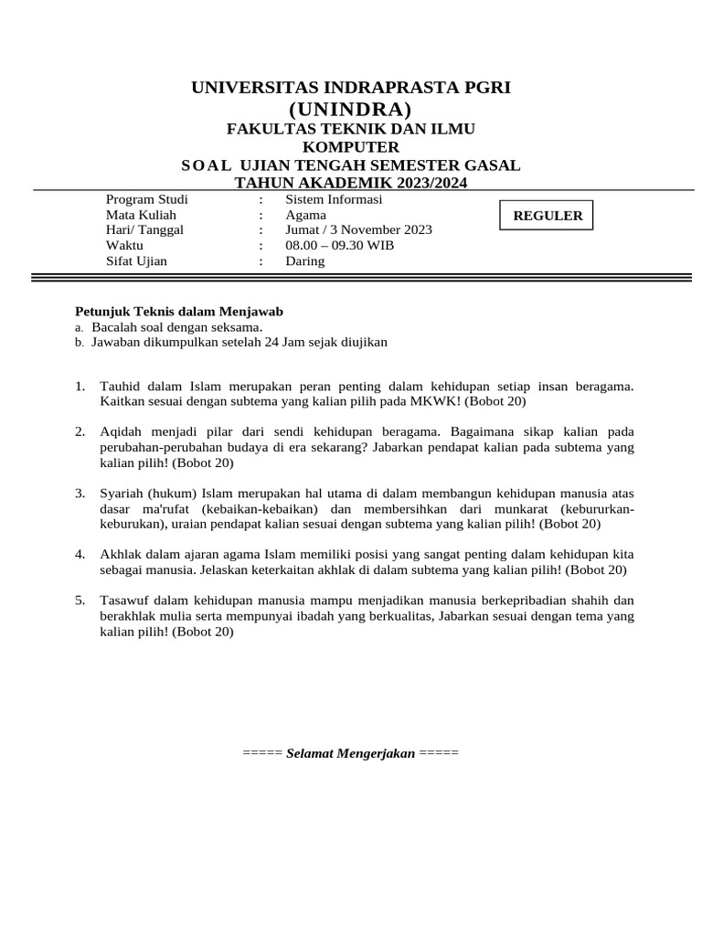 Soal UTS Agama Islam Reguler 2023-2024 rev | PDF