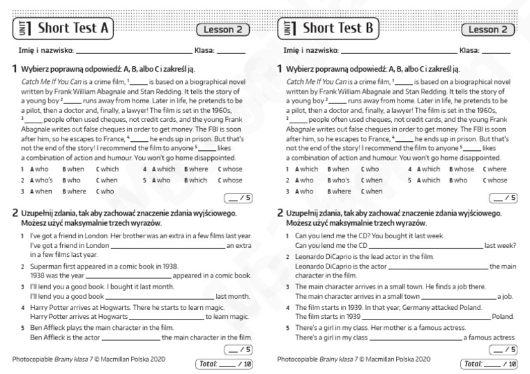 Brainy kl7 Short Tests Unit 1 Lesson 2 | PDF
