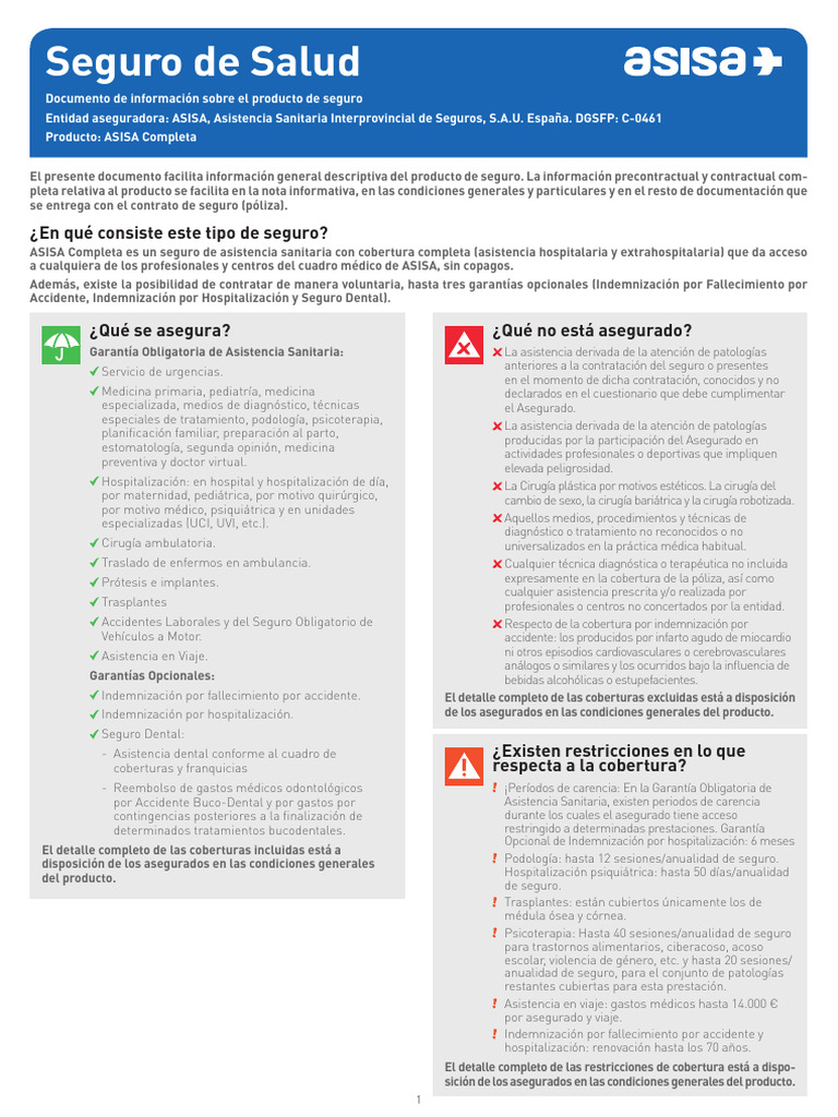 Asisa Completa IPID | PDF | Póliza de seguros | Hospital