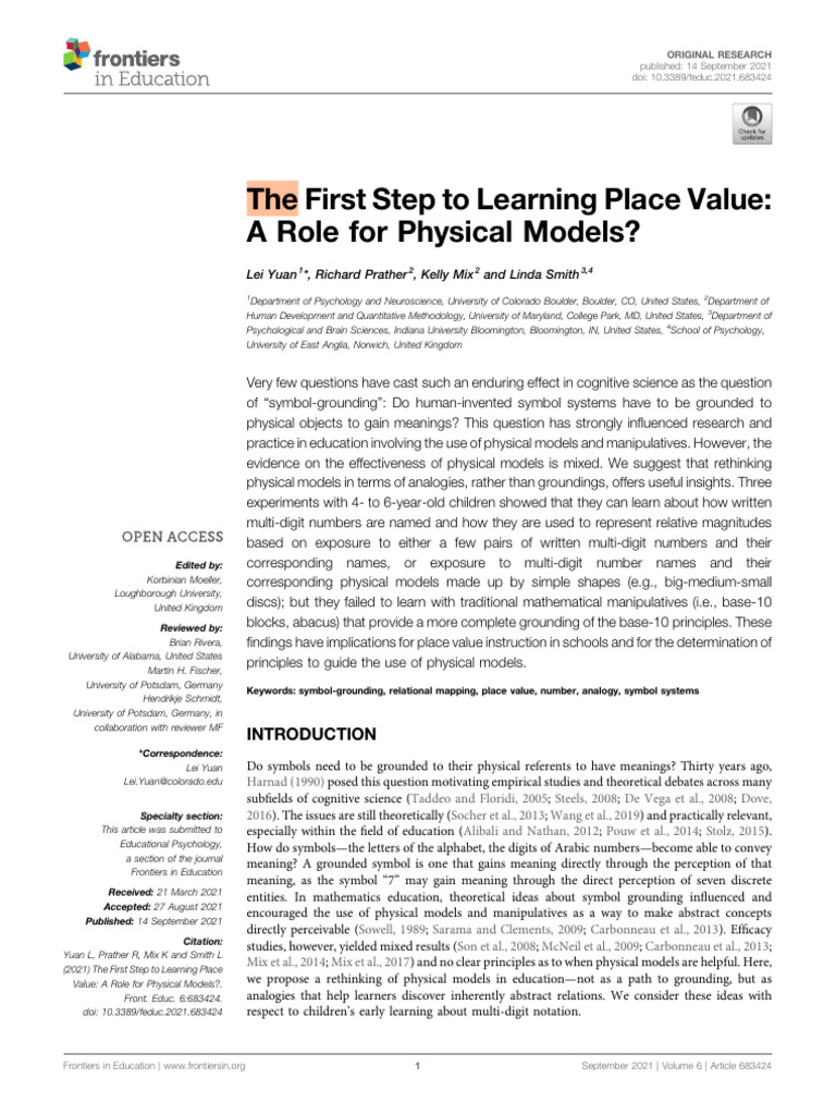 The First Step To Learning Place Value: A Role For Physical Models ...