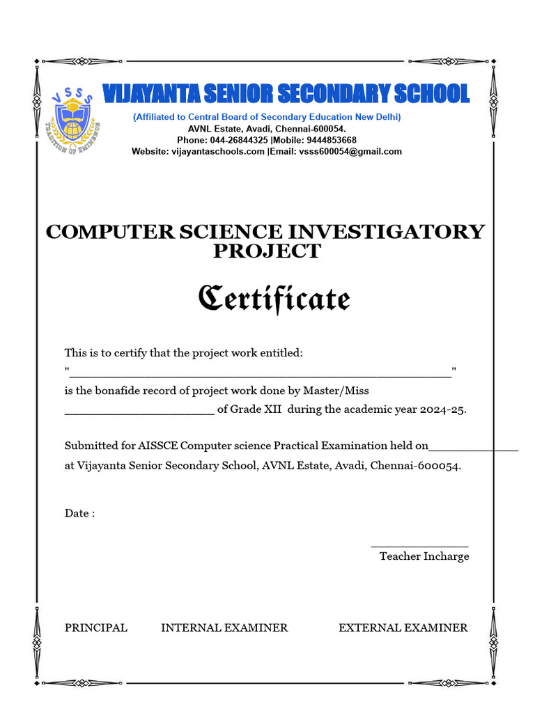 Grade XII Computer Science Project Certificate | PDF