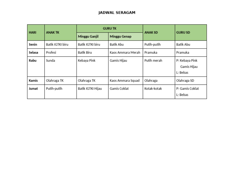 Jadwal Seragam | PDF