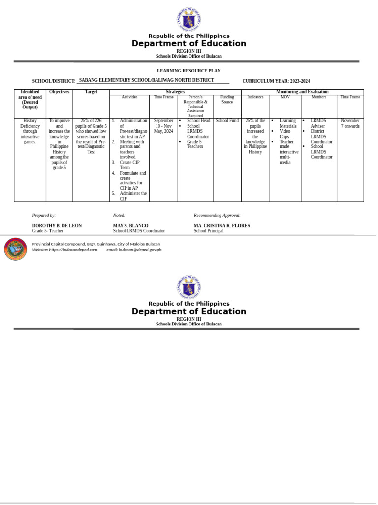 Grade 5 Learning Resource Plan 2023 2024 | PDF