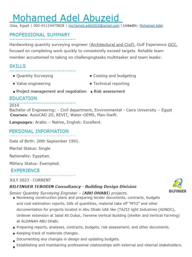 Mohamed Adel Abouzeid - CV | PDF | Budget | Engineering