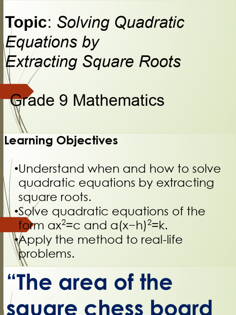 Solving Quadratic Equation by Extracting Square Roots - Lesson 2. Math 9.Pptx | PDF | Quadratic ...