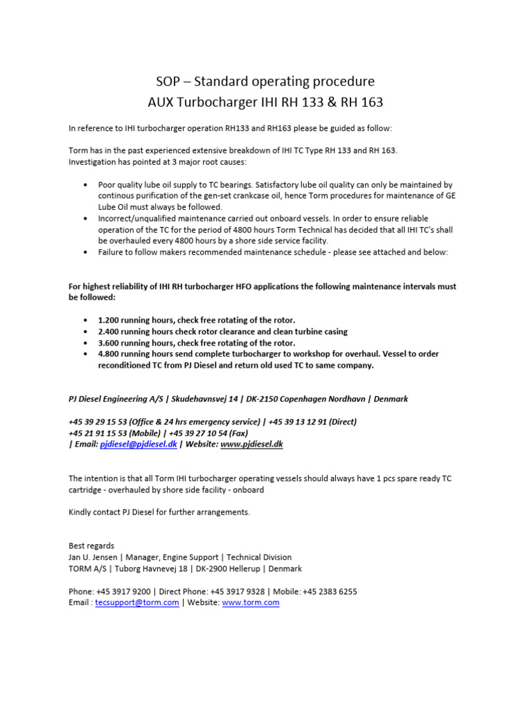 SOP - TORM IHI Turbocharger RH133 and RH163 | PDF