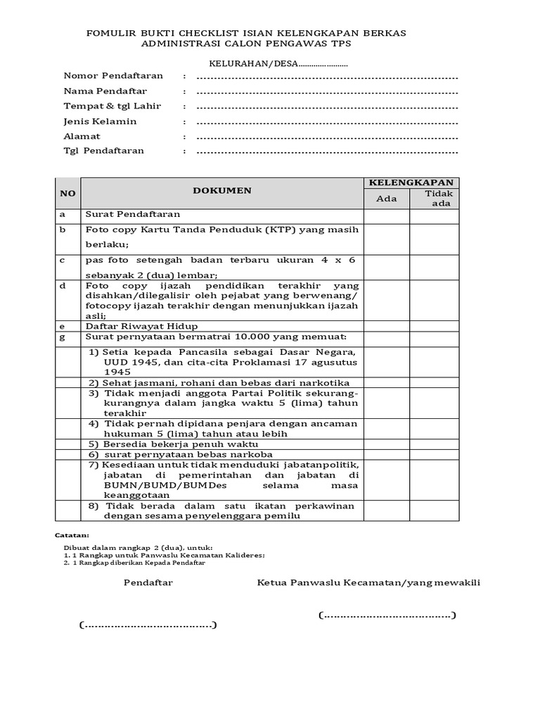 Daftar Ceklis Pendaftaran | PDF