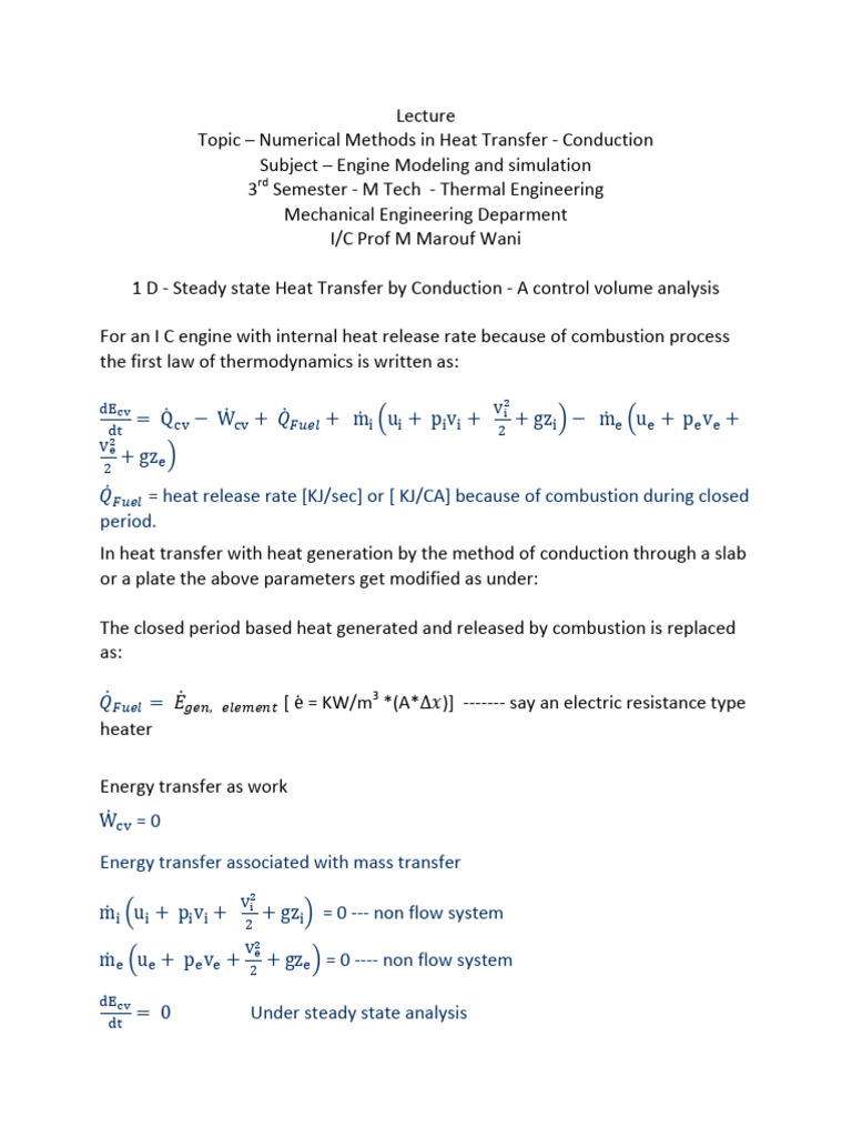 Lecture - Numerical Methods in Heat Transfer - Heat Transfer in I C Engines - Conduction ...