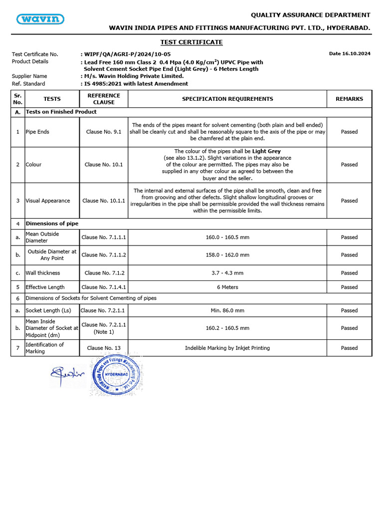 MTC05 - 160mm Class2 Agri Pipe IS 4985 | PDF | Pipe (Fluid Conveyance) | Density