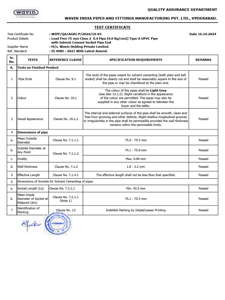 MTC03 - 75mm Class2 Agri Pipe IS 4985 | PDF | Pipe (Fluid Conveyance) | Density