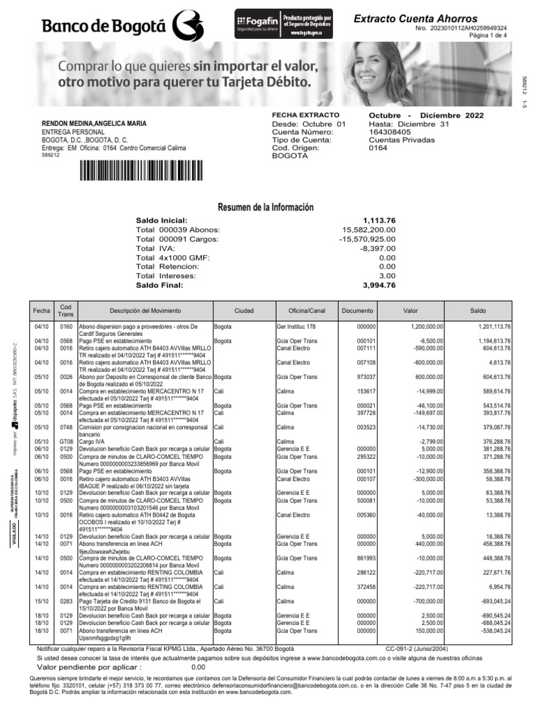 Extracto Banco Bogota Angelica Rendon 2 | PDF