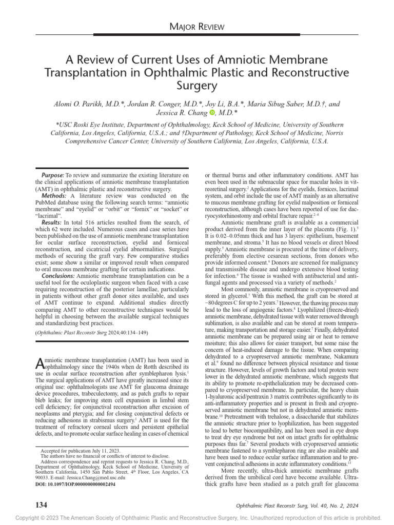 A Review of Current Uses of Amniotic Membrane Transplantation in ...