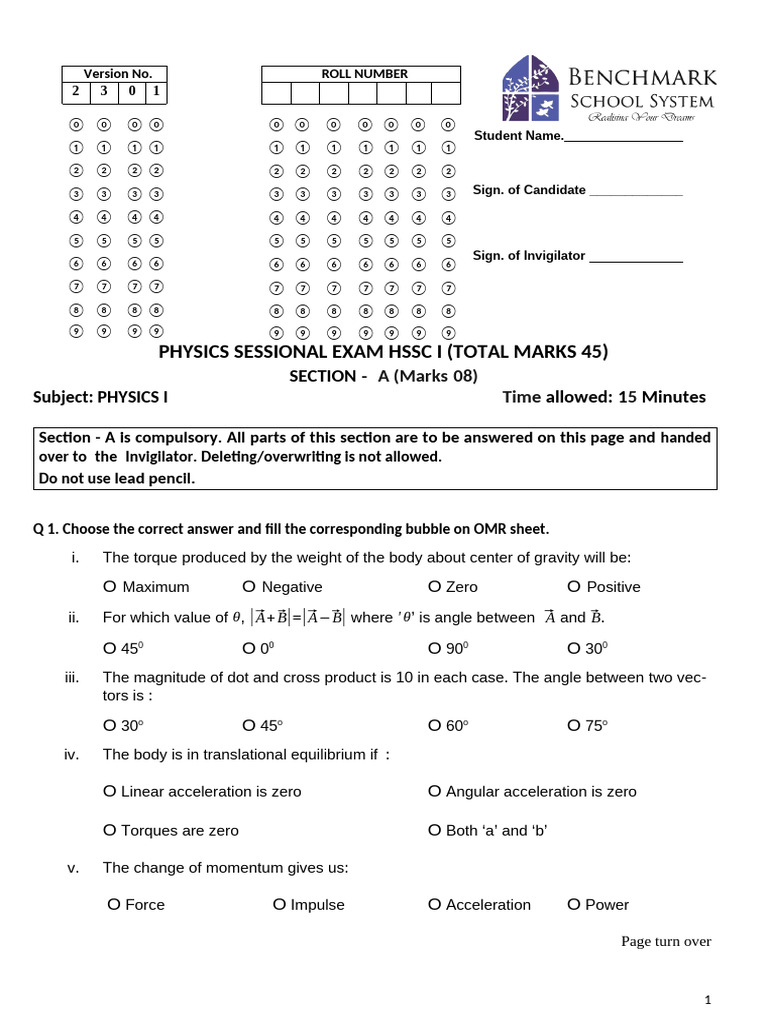 Physics Sessional HSSC I - October 23 | PDF | Collision | Force