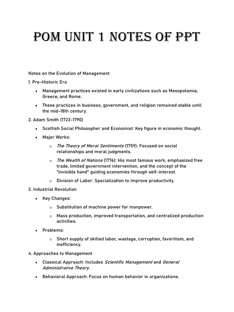 Pom Unit 1 Notes of Ppt | PDF | Economics | Division Of Labour