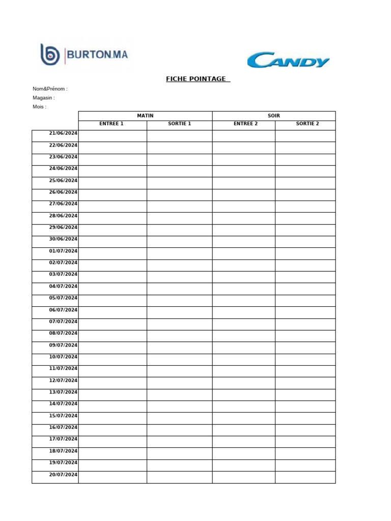 Fiche de Pointage Mensuelle | PDF