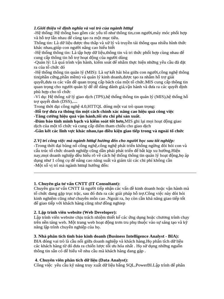 1.Giới thiệu về định nghĩa và vai trò của ngành htttql | PDF