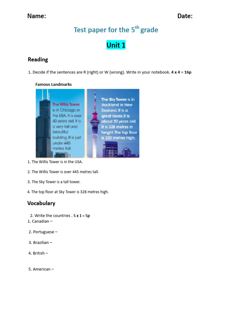 5th Grade English Test Paper | PDF