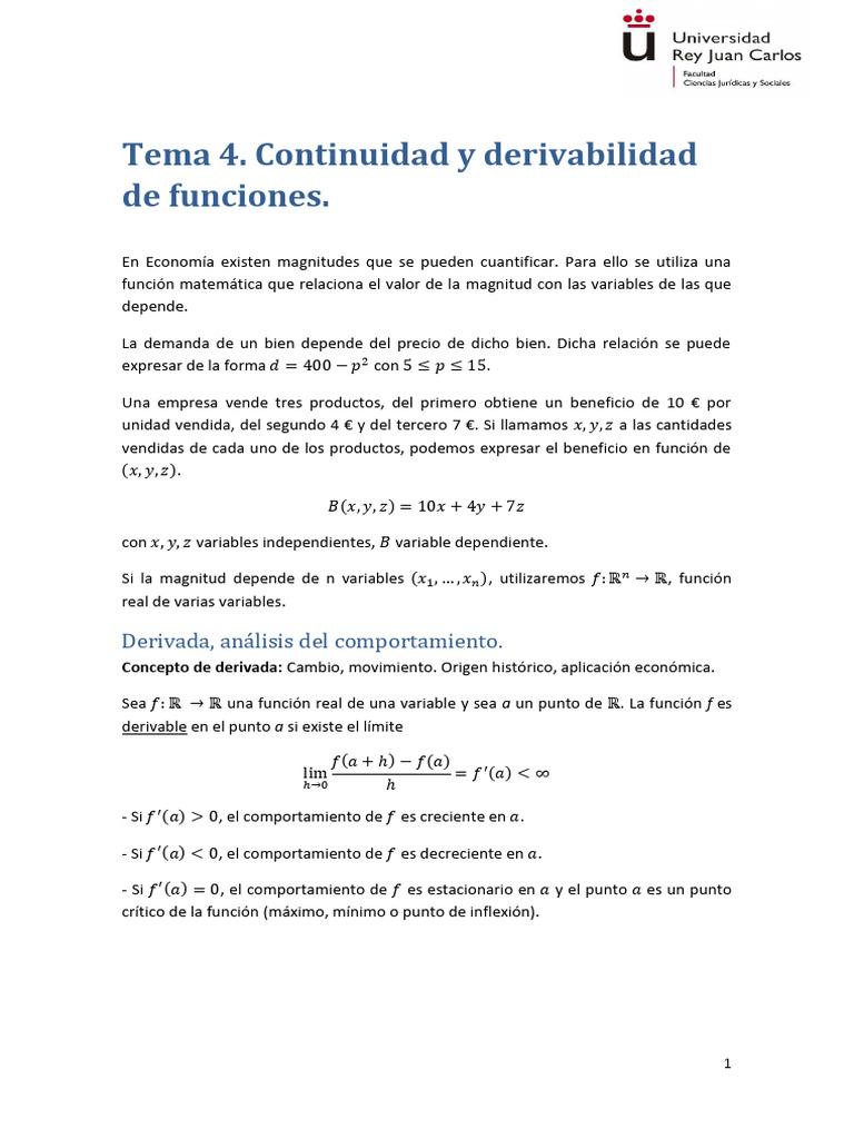 Tema 4. Continuidad y derivabilidad de funciones. | PDF | Elasticidad (economía) | Función ...