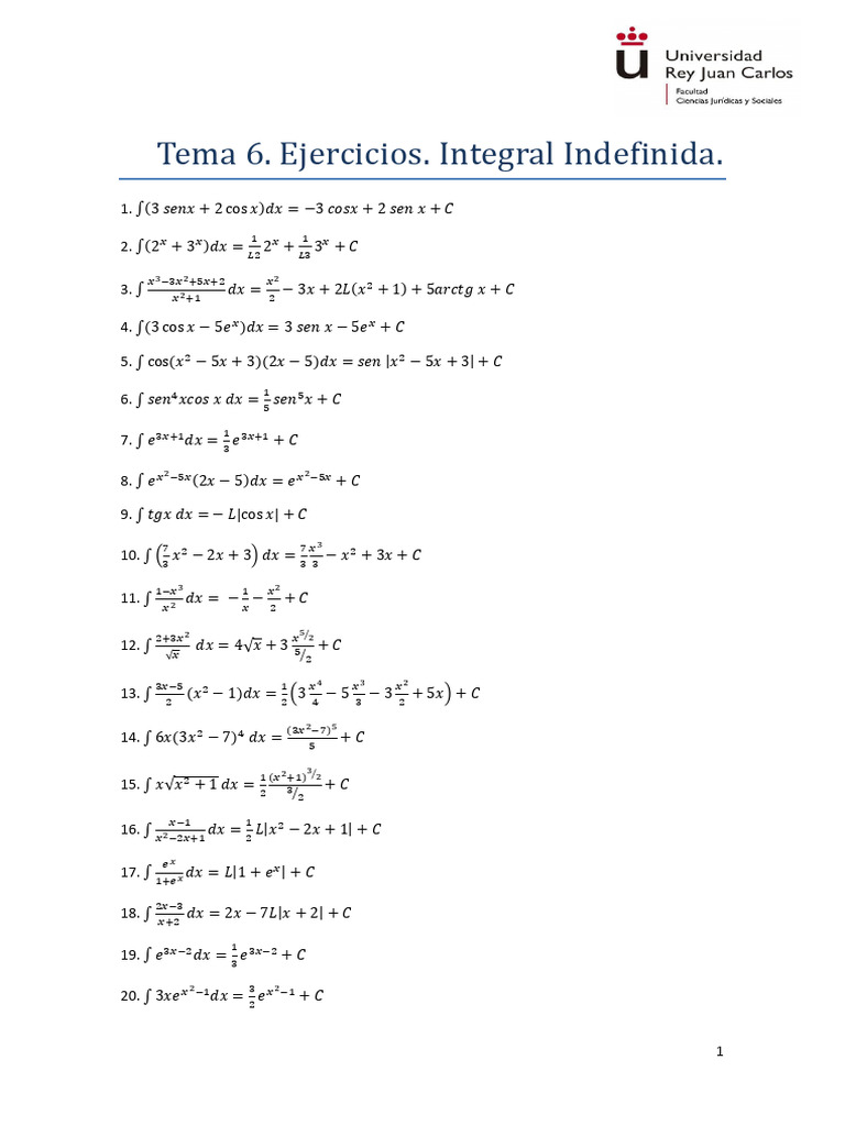Tema 6. Ejercicios. Integral Indefinida. | PDF