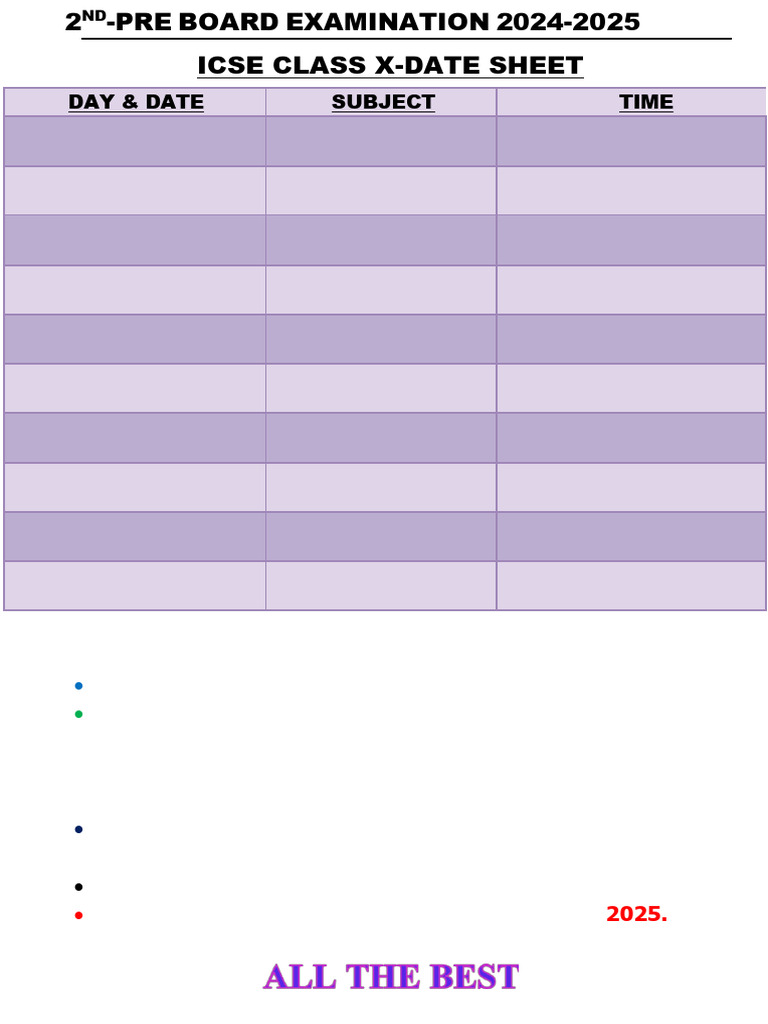 ICSE Class X Pre-Board Date Sheet | PDF
