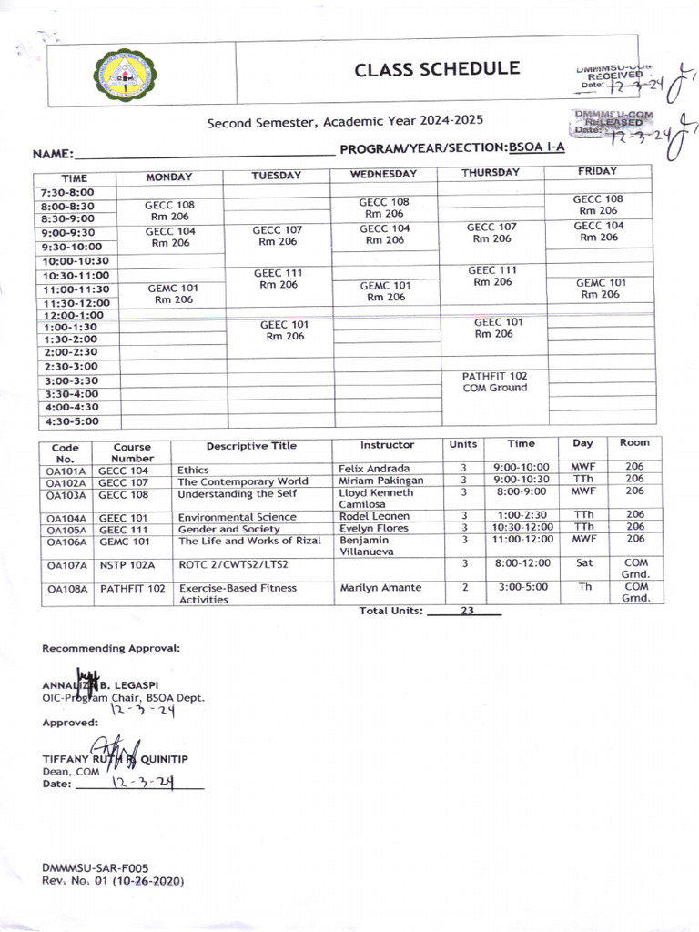 2ND Sem 24 25 Class Schedule Bsoa | PDF