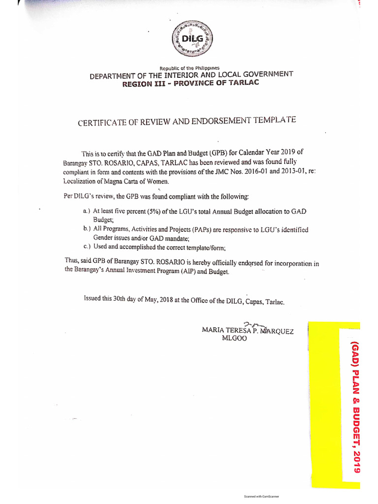 GAD Certificate of REview and Endorsement | PDF