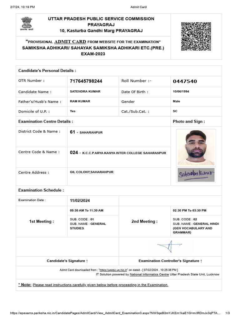 Sat RO Admit Card | PDF