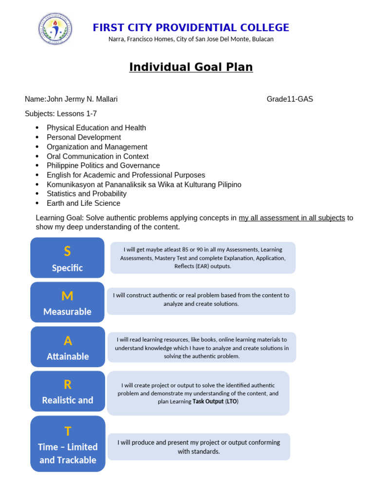 Individual Goal Plan for Grade 11 GAS | PDF
