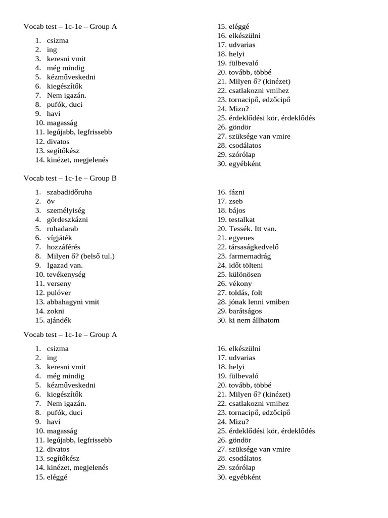Vocab Test - 1c-1e | PDF