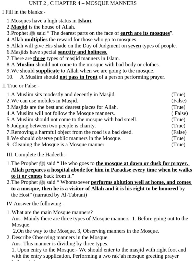unit-2-mosque-manners-grd-6 | PDF | Mosque | Religious Faiths