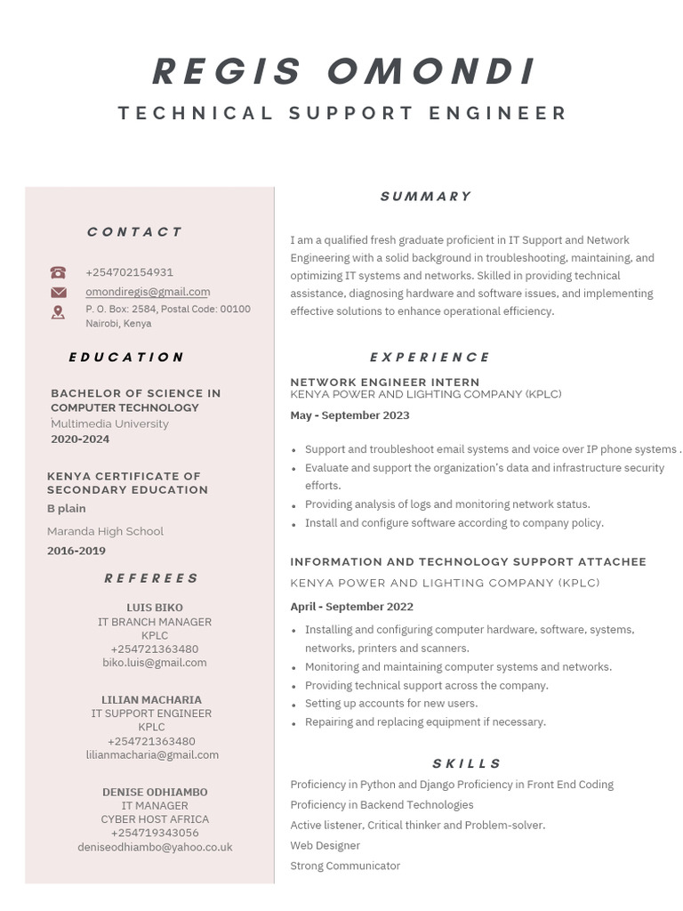 CV REGIS OMONDI 1 | PDF | Computer Network | Technical Support