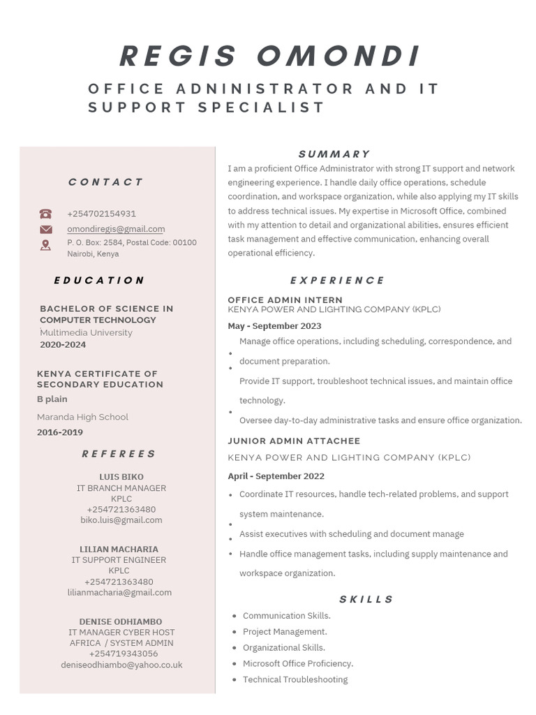 Cv Office Admin Regis Omondi | PDF | Business