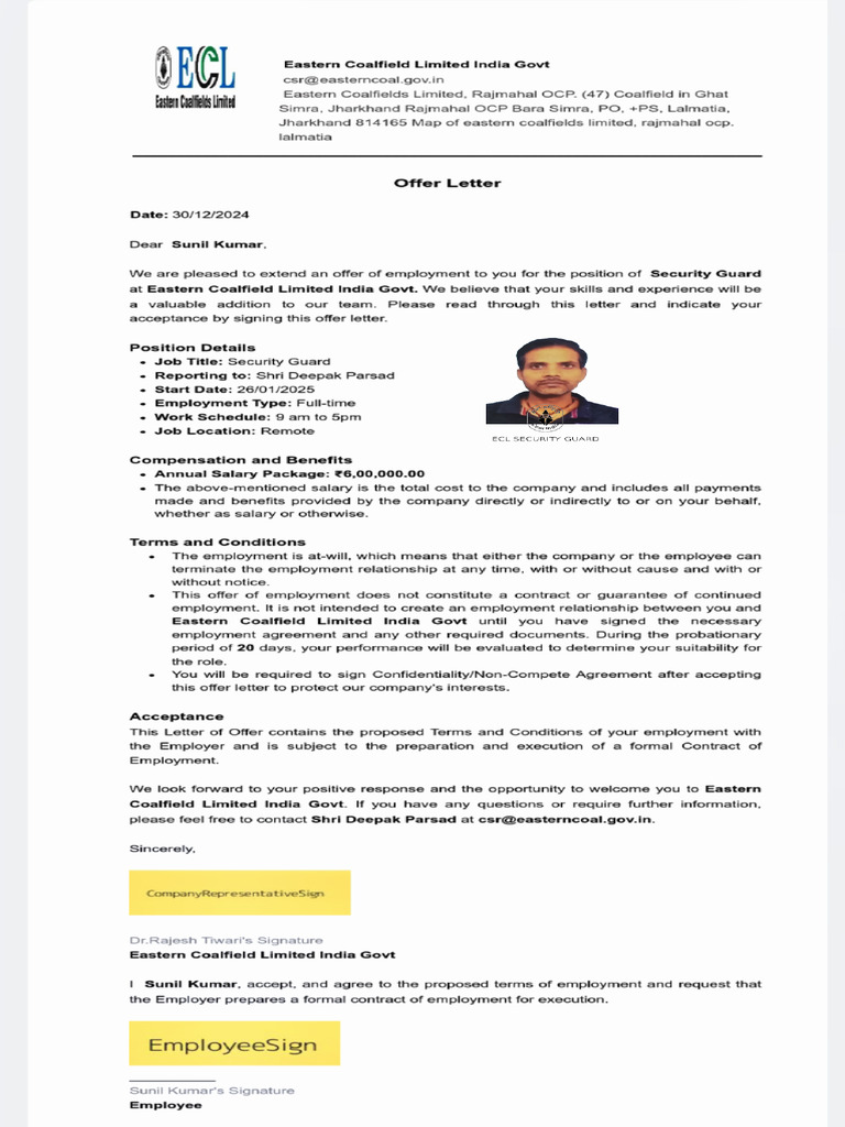 Ecl Offer Letter For MR Sunil Kumar | PDF