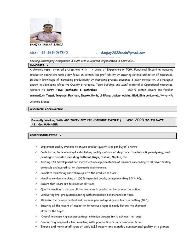 SANJAY_CV | PDF | Textiles | Dyeing