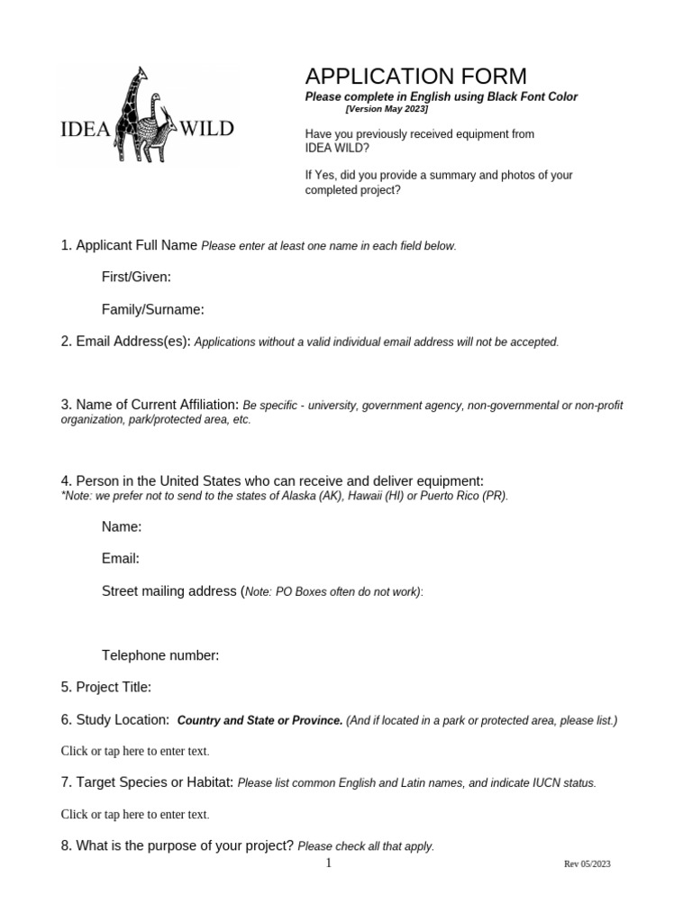 IDEA WILD Equipment Application Form | PDF