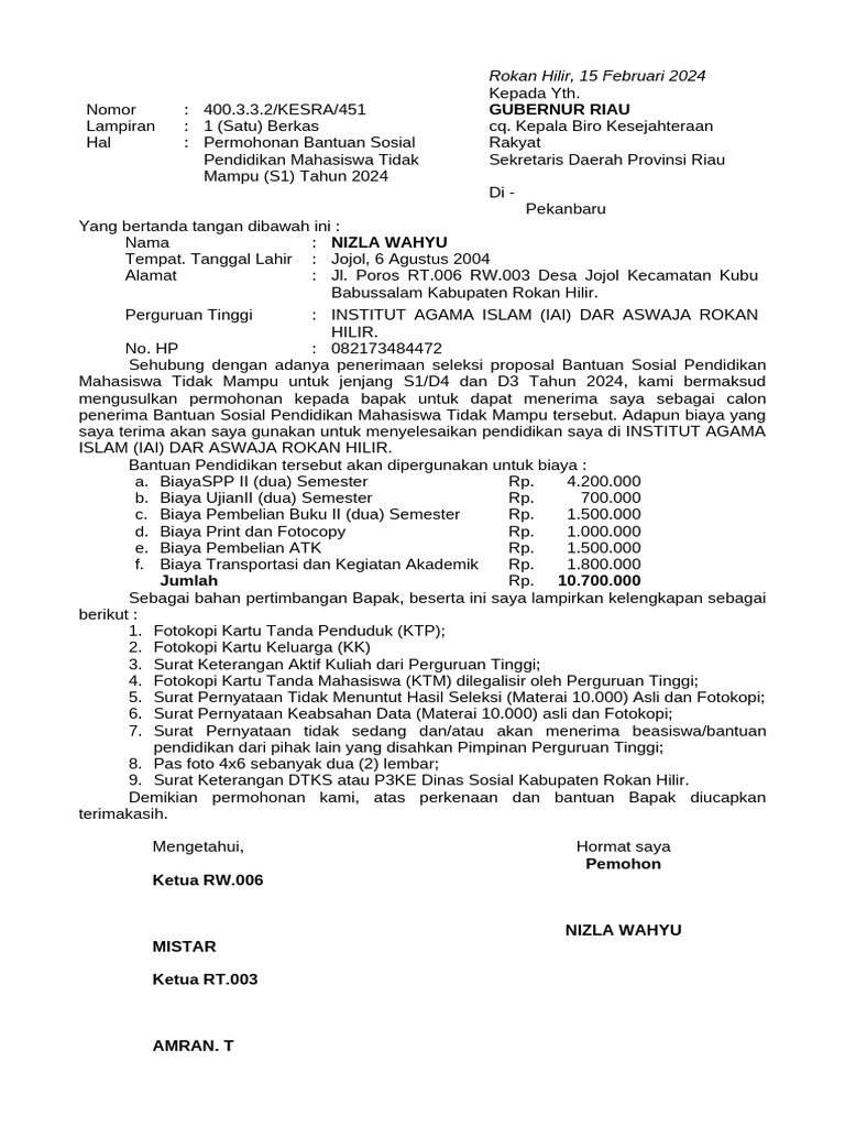 Nizla Wahyu Beasiswa Kesra 2024 | PDF