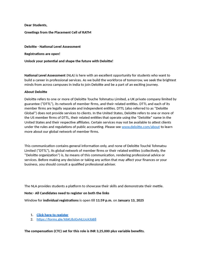 Job Opportunity With Deloitte - National Level Assessment Test | PDF ...
