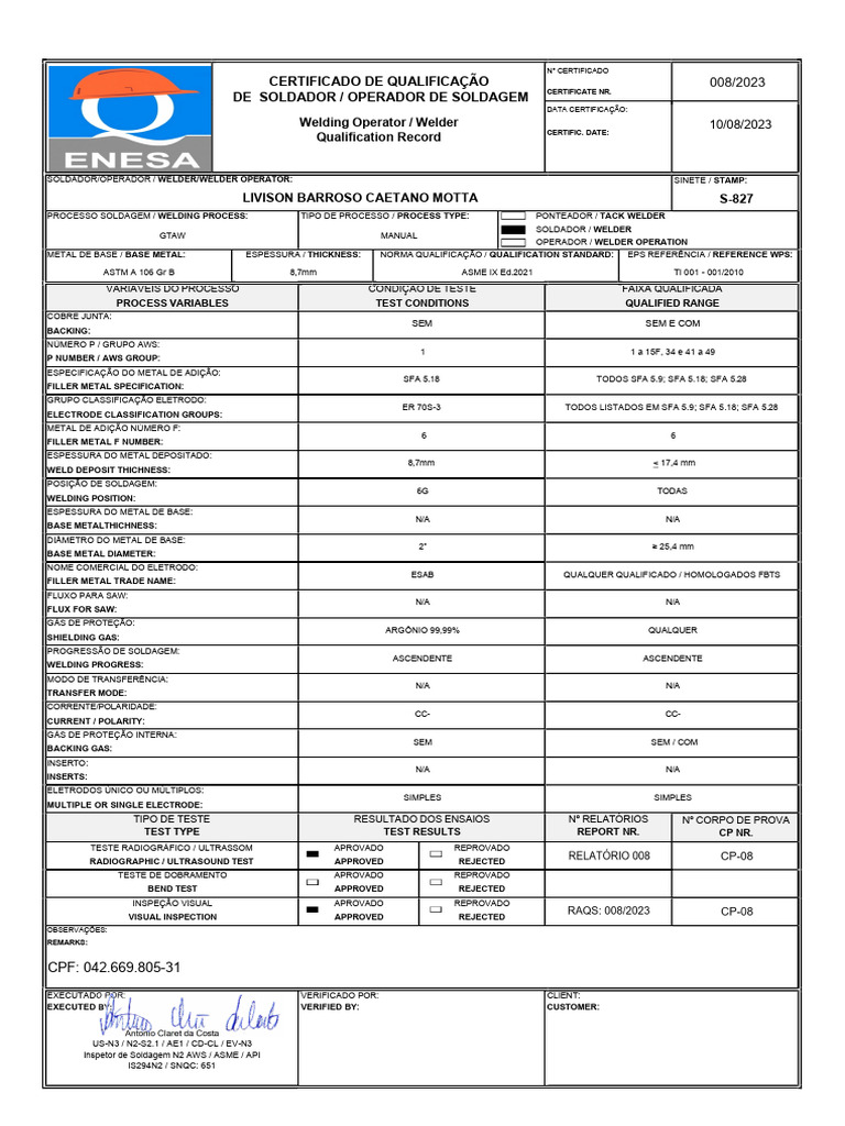 Certificado de Qualificação de Soldador | PDF | Soldadura | Construção