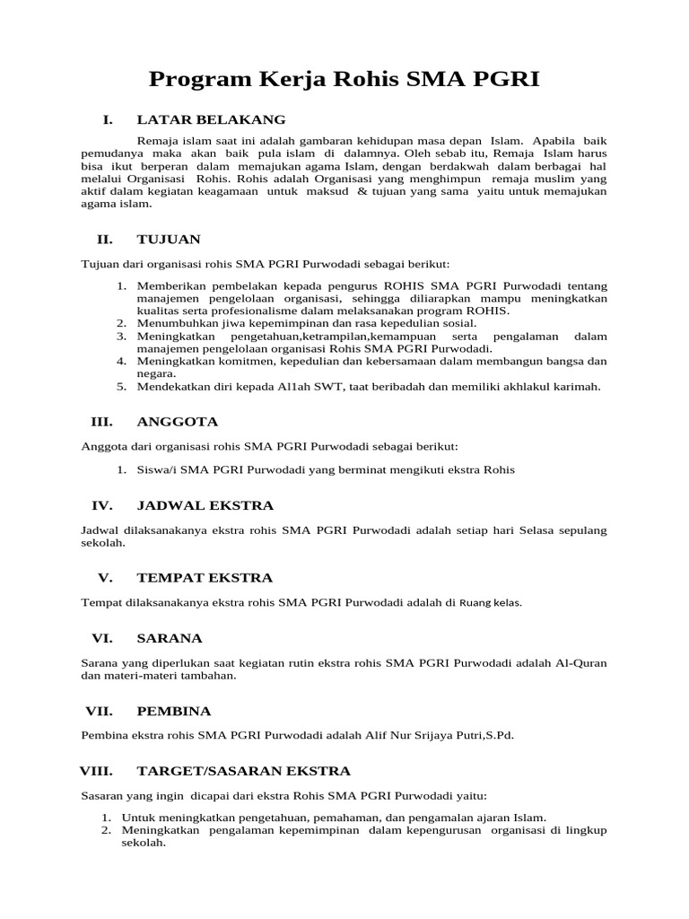Program Kerja Rohis SMA PGRI Fixxxxxxxxxxxx | PDF